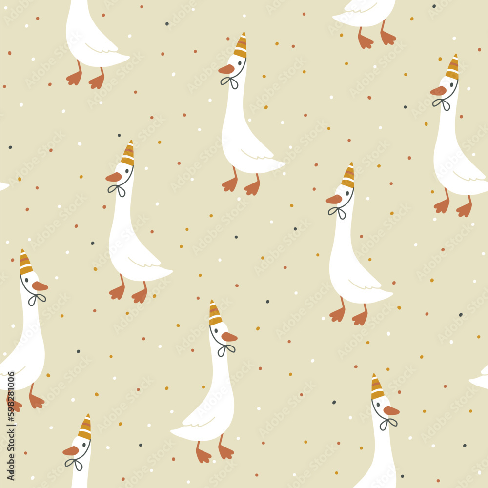 Geese seamless pattern. Funny cute cartoon characters in birthday caps ...