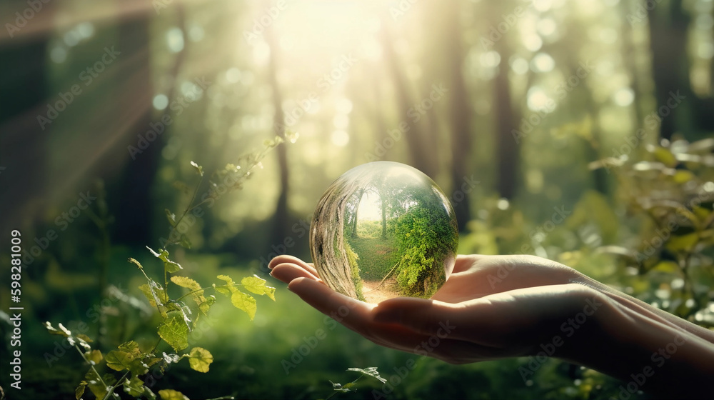 Hands Holding Globe Glass In Green Forest with warm sunlight ...