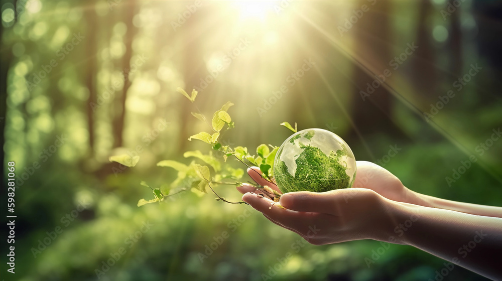 Hands Holding Glass Globe World In Green Forest with warm sunlight - Environment Concept ...