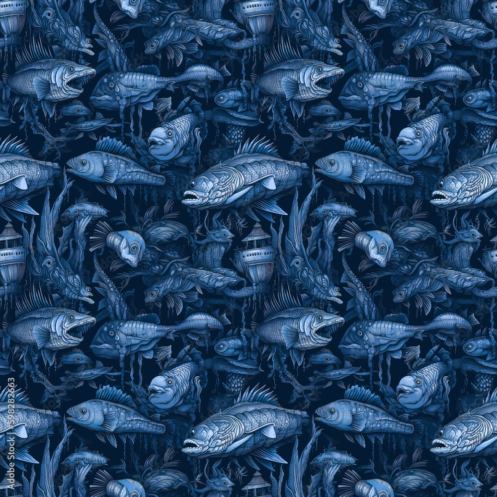 Seamless background of deep sea monsters and fish. AI generated Stock ...