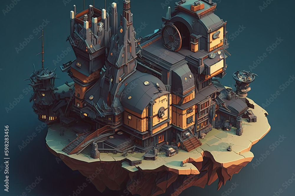 Medieval cyberpunk post-apocalyptic isometric castle on a flying island ...