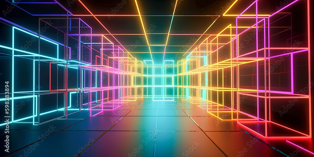 AI generated abstract space red blue pink neon background with cuboid ...