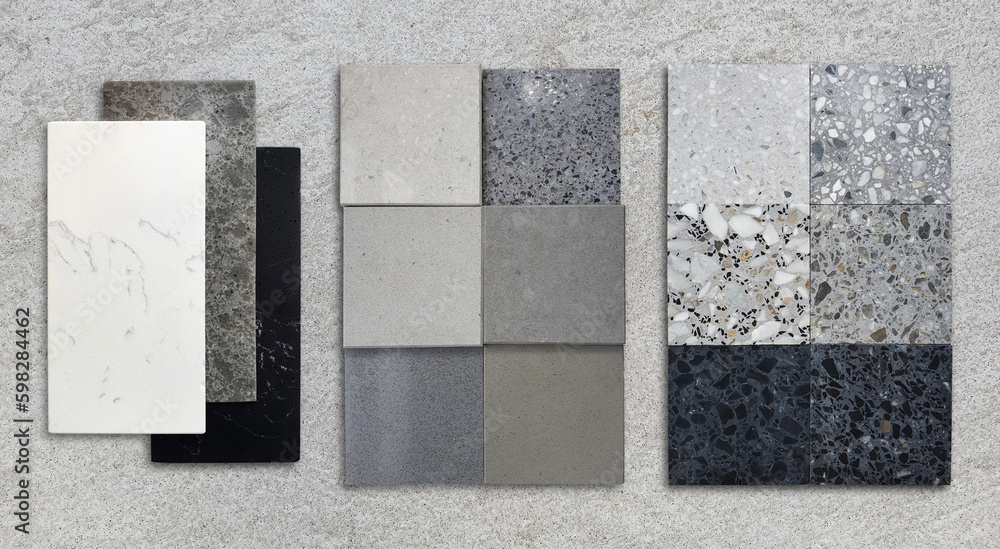 sample of materials construction on grey stone background. interior ...