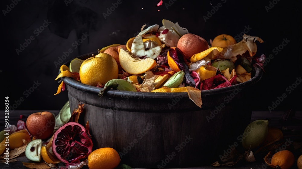 Food loss and food waste. Uneaten spoiled vegetables and fruits thrown ...