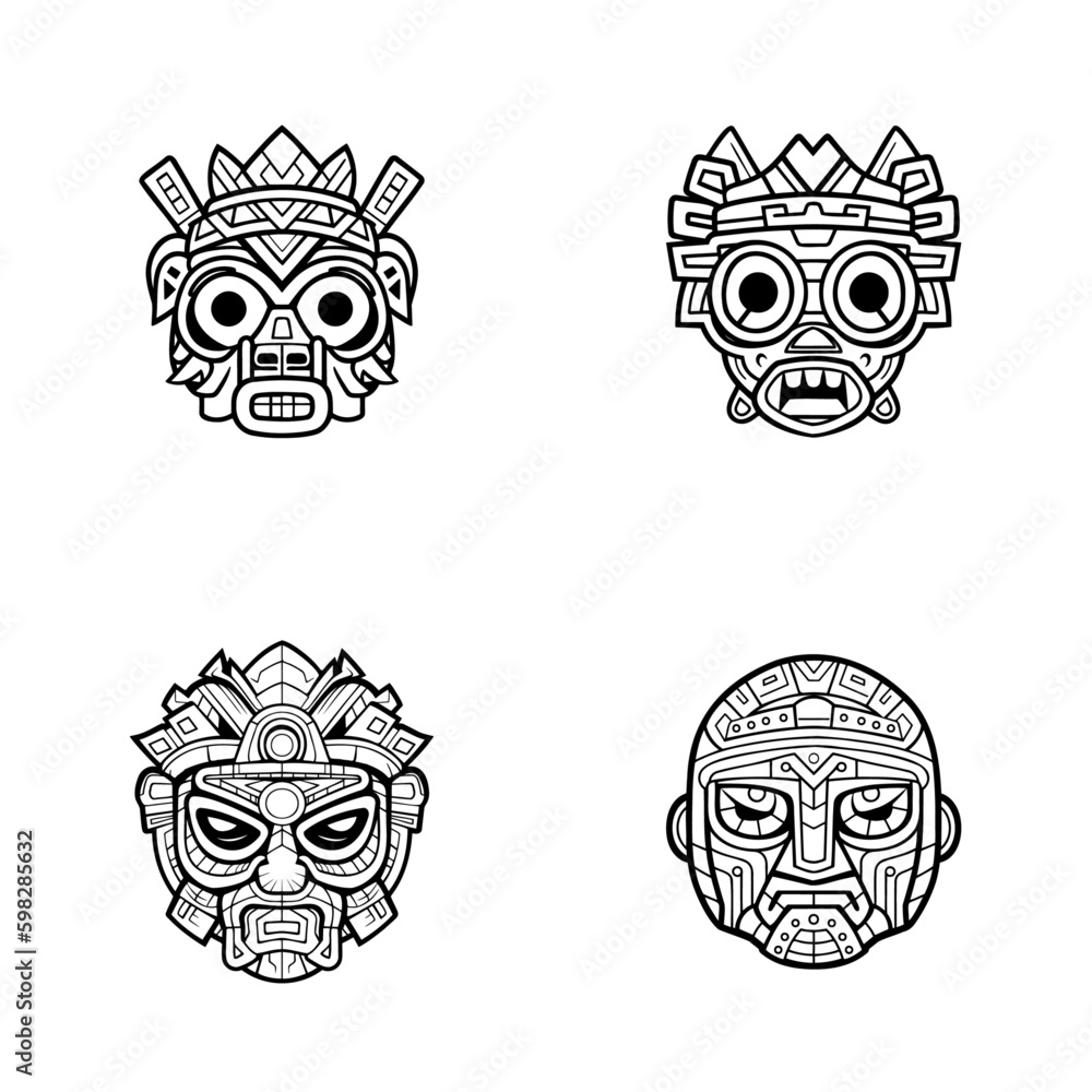 Maya Mask Vector Cartoon Style, Vector Line Art, Icon Design, Coloring ...