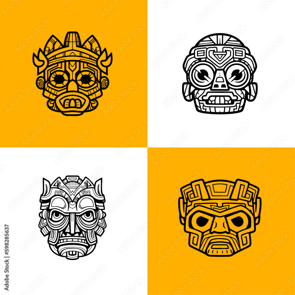 Maya Mask Vector Cartoon Style, Vector Line Art, Icon Design, Coloring ...