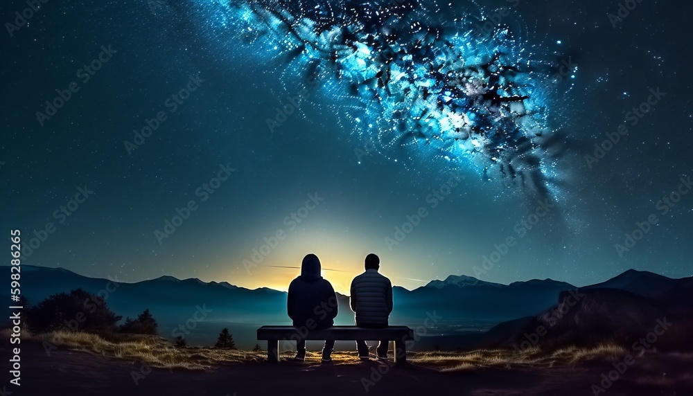 two people sitting on a bench looking at the stars in the night sky ...
