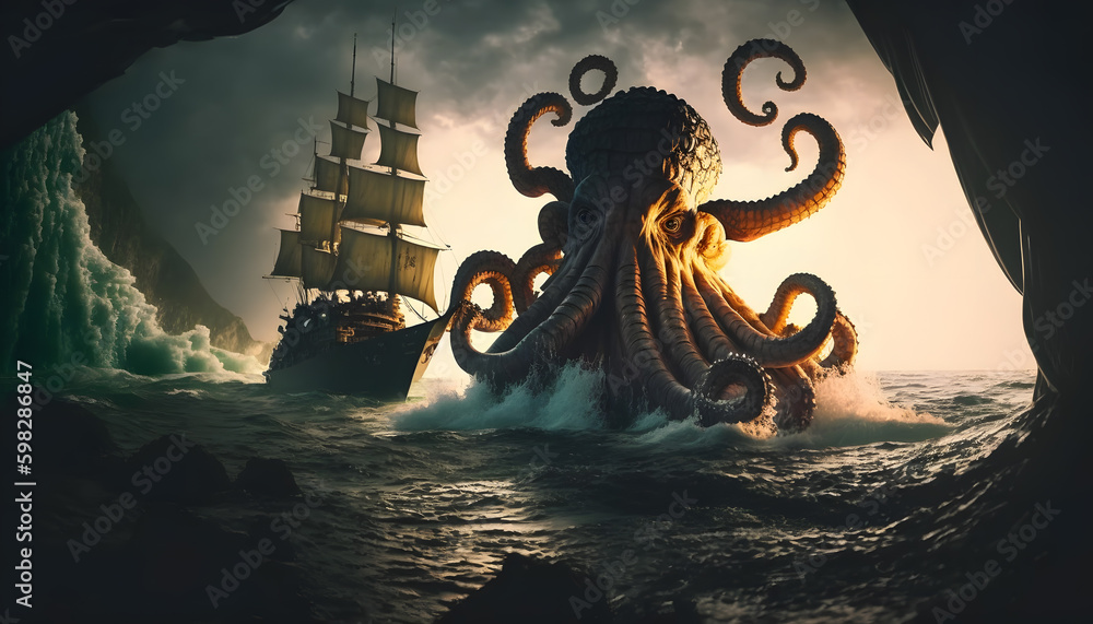 Cthulhu octopus with tentacles underwater and wooden vessel with red sails in ocean. Giant ...