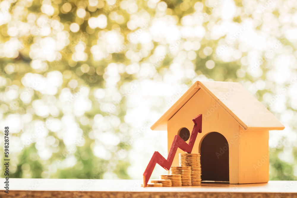 Home model and red arrow graph with growing value put on the stack gold ...