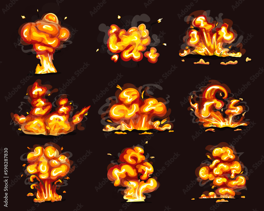 Fire explosion ui animation sprite vector set. Cartoon magic hit effect ...