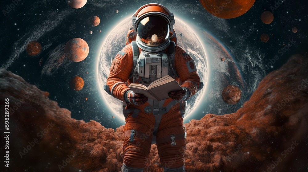 Astronaut reading a book in space, Generative AI Stock Illustration ...