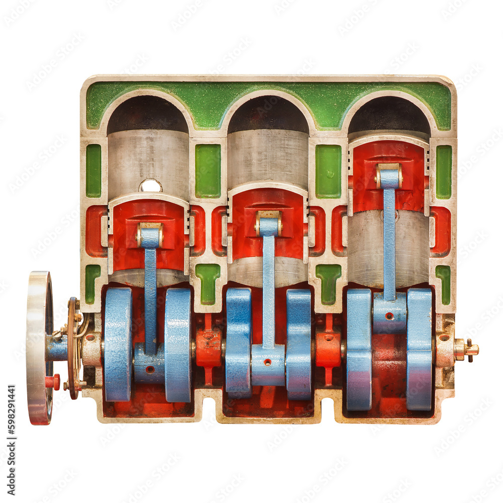 Vintage open model of a classic car engine with pistons used for ...