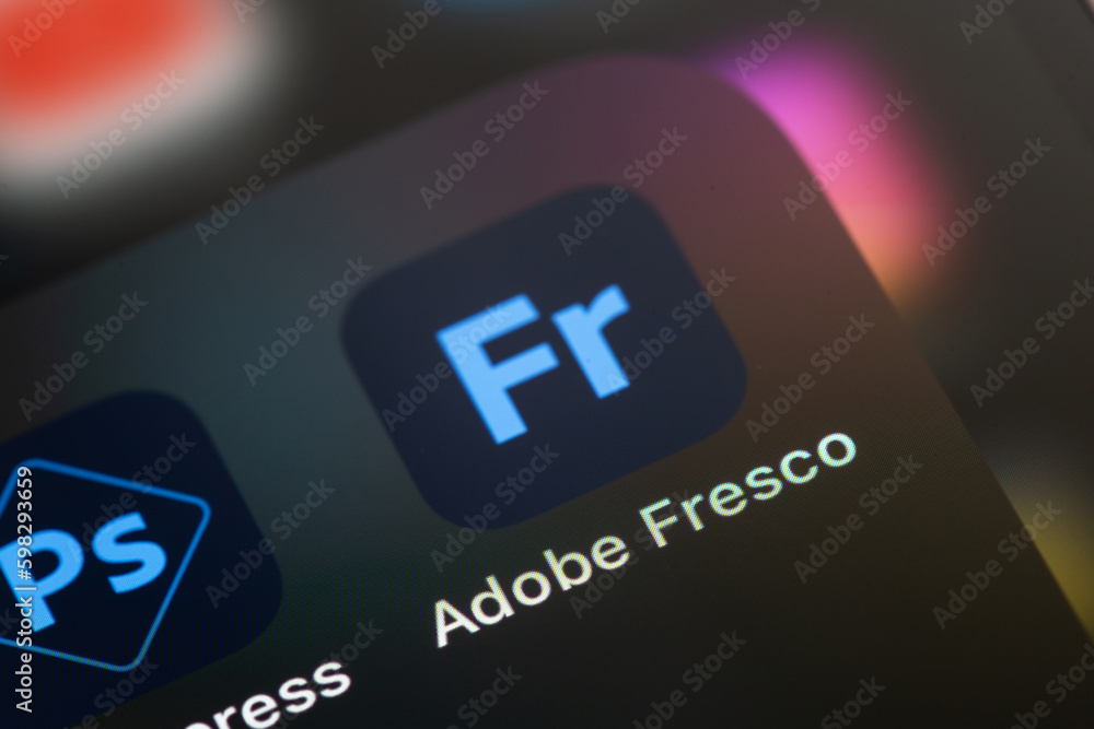 Adobe Fresco mobile app on the screen smartphone iPhone closeup. Adobe ...
