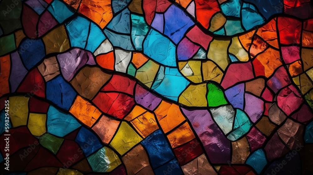 Vibrant mosaic tiles, evoking stained glass artwork in abstract ...
