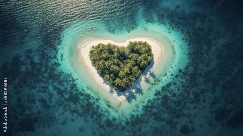 An idyllic heart-shaped island captured by a drone, showcasing the beauty of nature as it blends ...