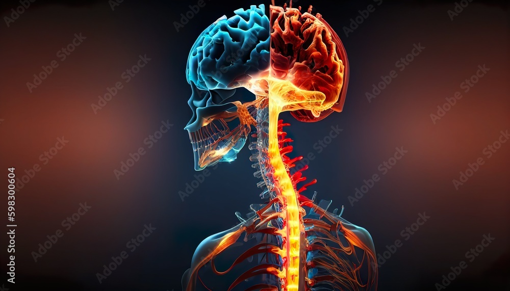 A human head , neck, brain and spine with the brain highlighted in red ...