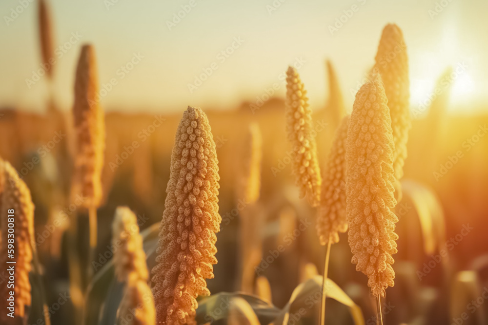 Organic golden ripe ears of foxtail millet in field. Cultivation pearls ...