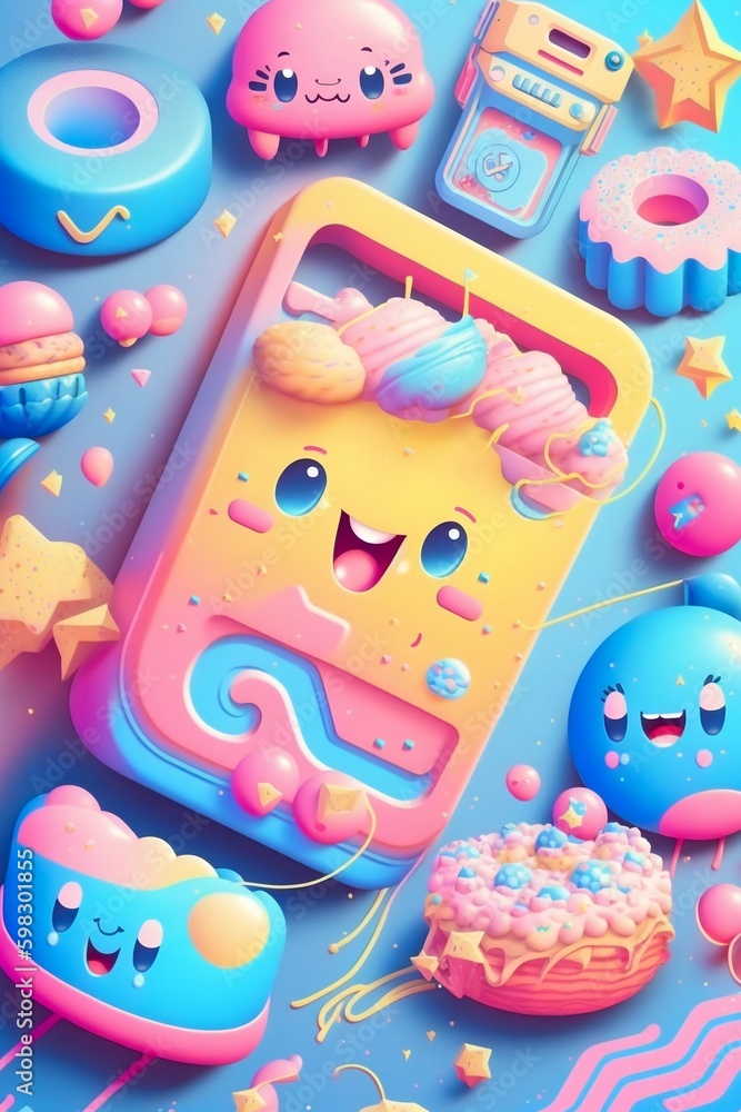 Kawaii Cute Happy Characters Illustration in Neon Pink, Blue, Yellow ...