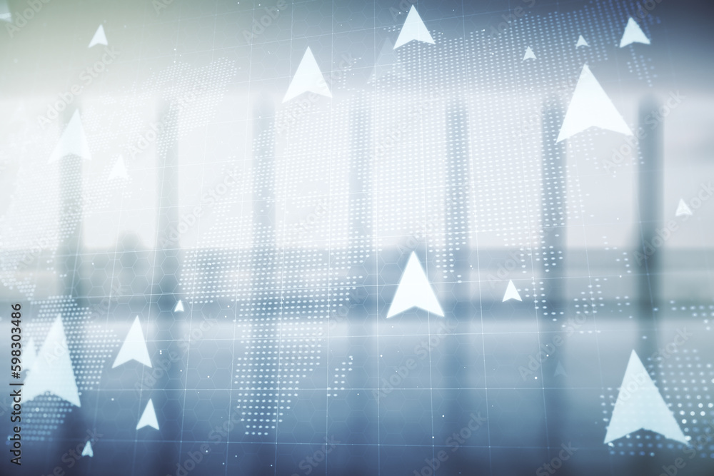 Abstract virtual geolocations map hologram on empty corporate office ...