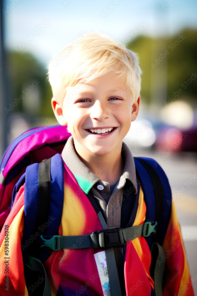 Excited 7-year-old blonde Caucasian boy, wearing a backpack, beams with ...