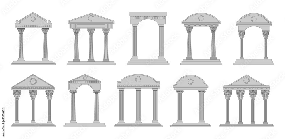 Greek and roman temples. Ancient pillars, line architecture buildings, pediment with Doric ...
