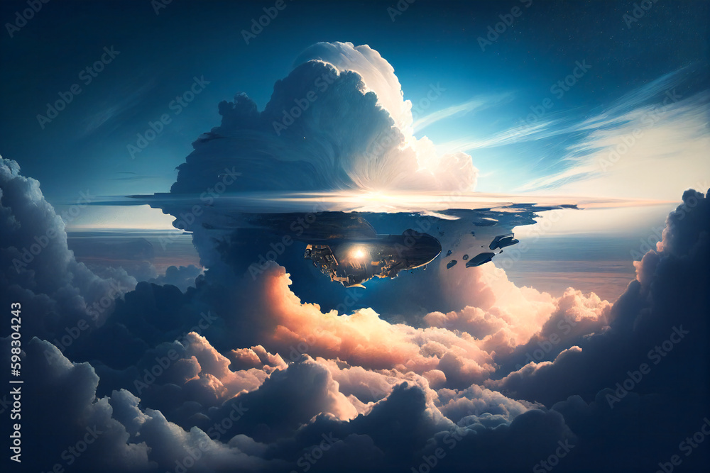 Giant alien space ship surrounded by clouds. Created with Generative AI ...