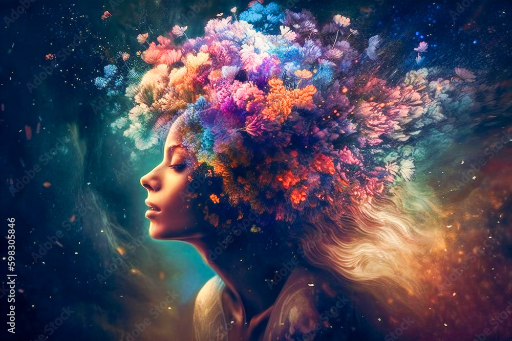 Creative fantasy portrait of a girl surrounded by flowers and clouds ...