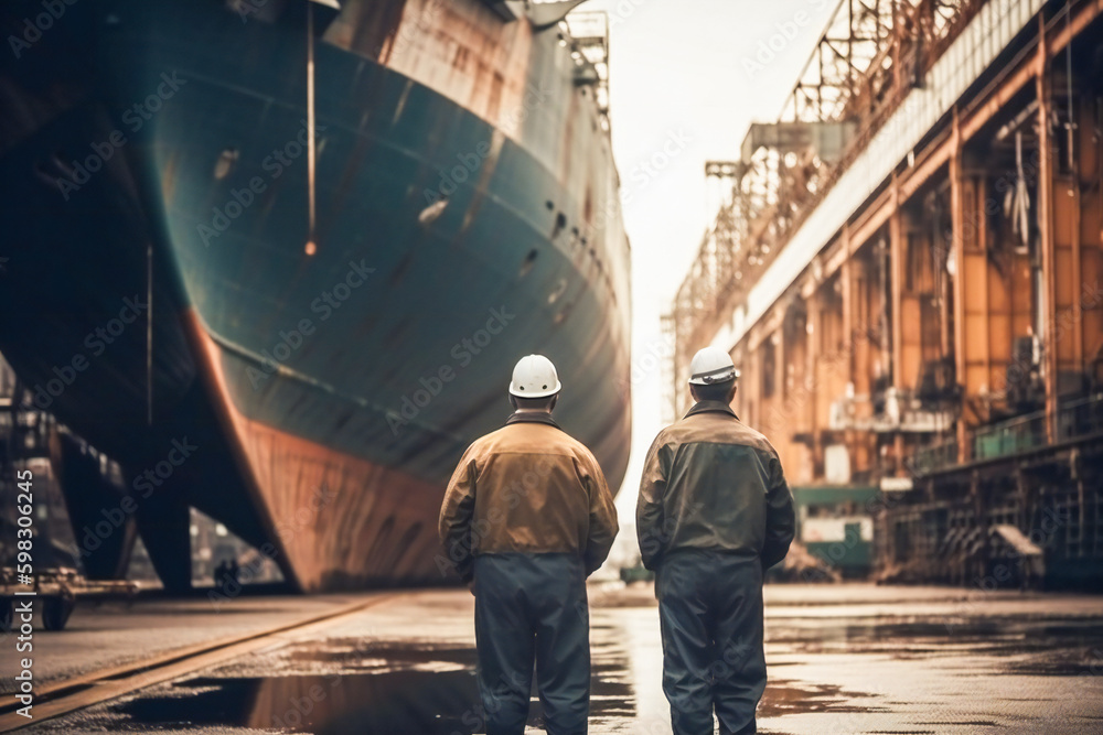 Shipyard workers with a ship under construction in background. Created ...