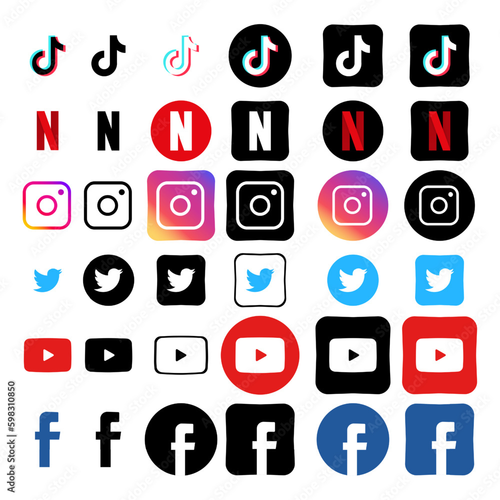 Facebook, instagram, twitter, YouTube, tiktok, netflix logo. Logotype ...