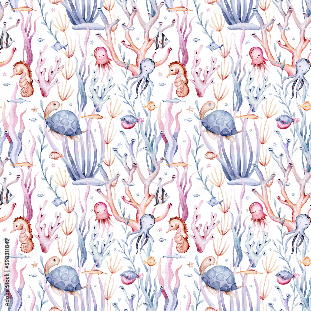 seamless pattern of sea cartoon animals. Blue watercolor ocean fish ...