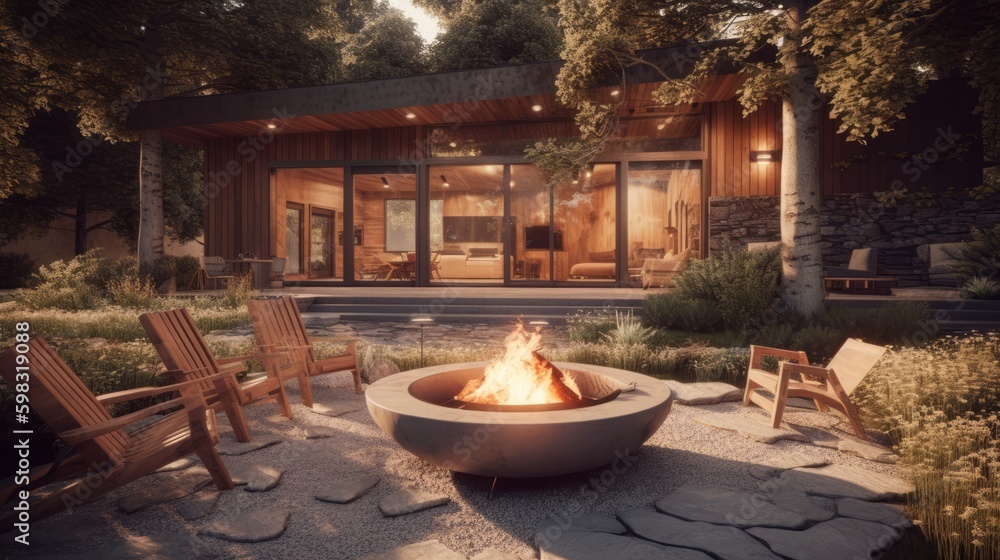 TV Area and Fire Pit in Backyard, Naturalistic Materials, Emerald and ...