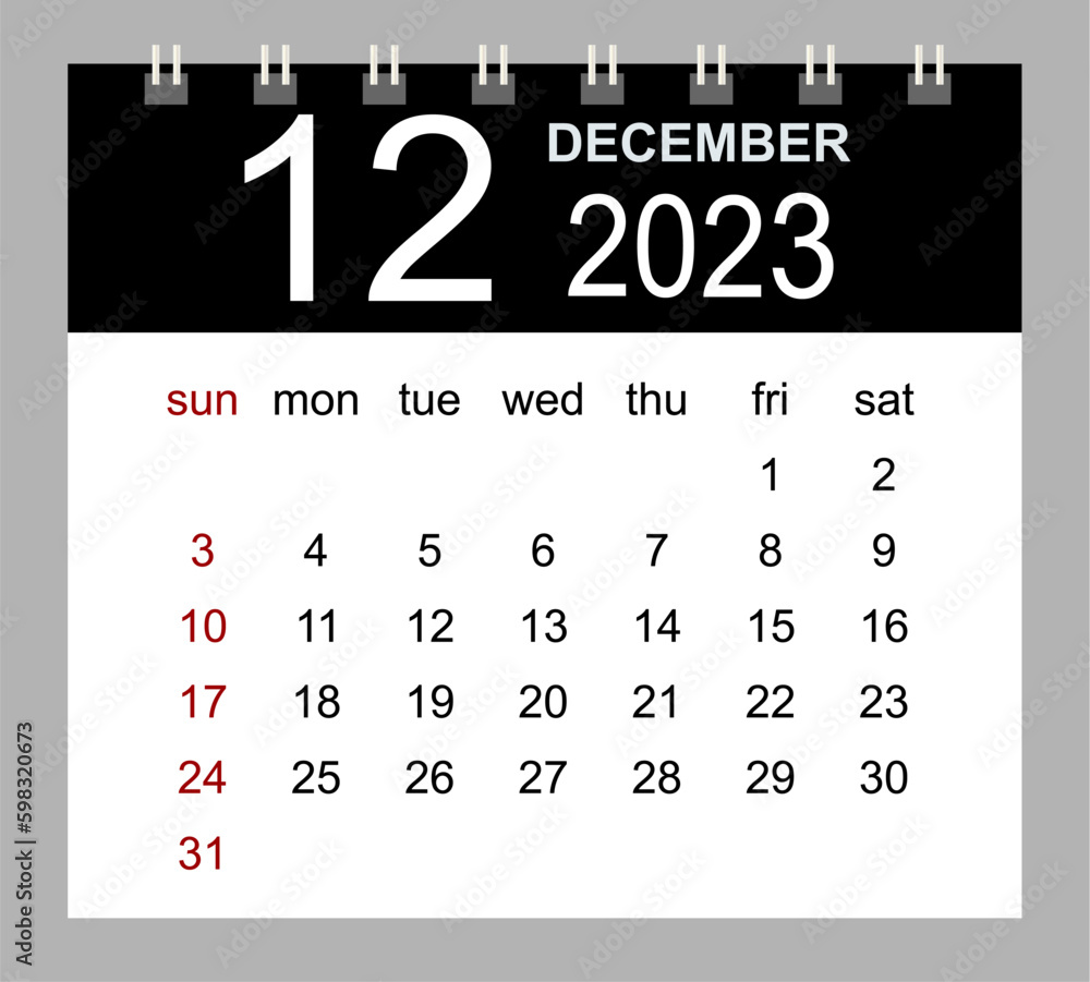 December 2023. Vector monthly calendar template 2023 year in simple ...