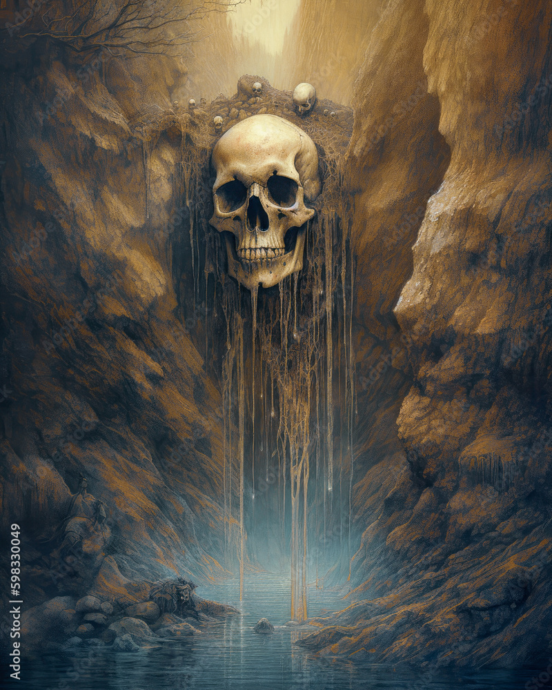 Epic Skull Cascading Waterfall Surreal, Gothic, Macabre, Haunting ...