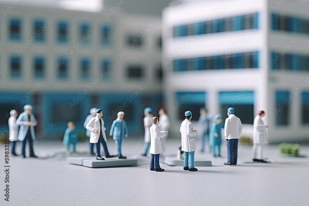 Miniature people figurines of patients, doctors and nurses in front of ...