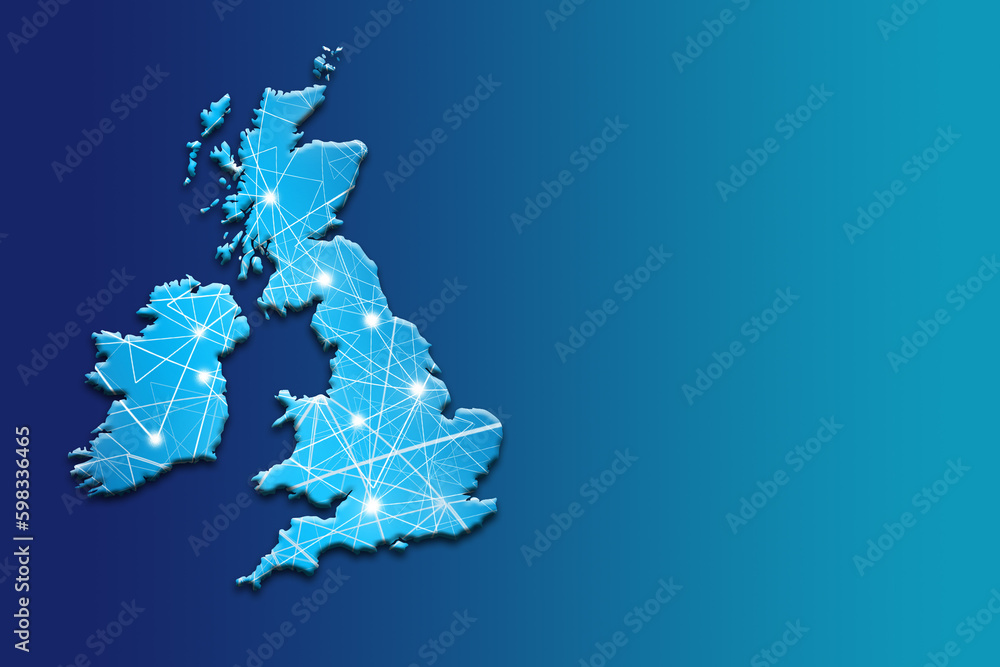 silhouette shape map of United Kingdom filled with network connections ...