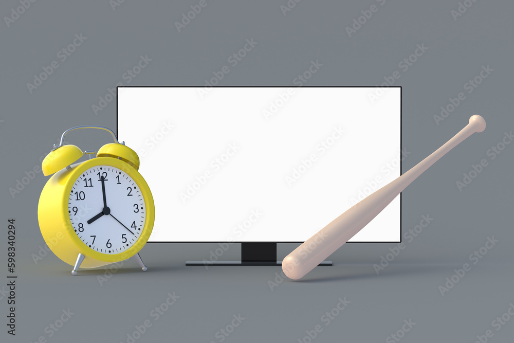 Baseball bat near alarm clock and tv with white isolated screen ...