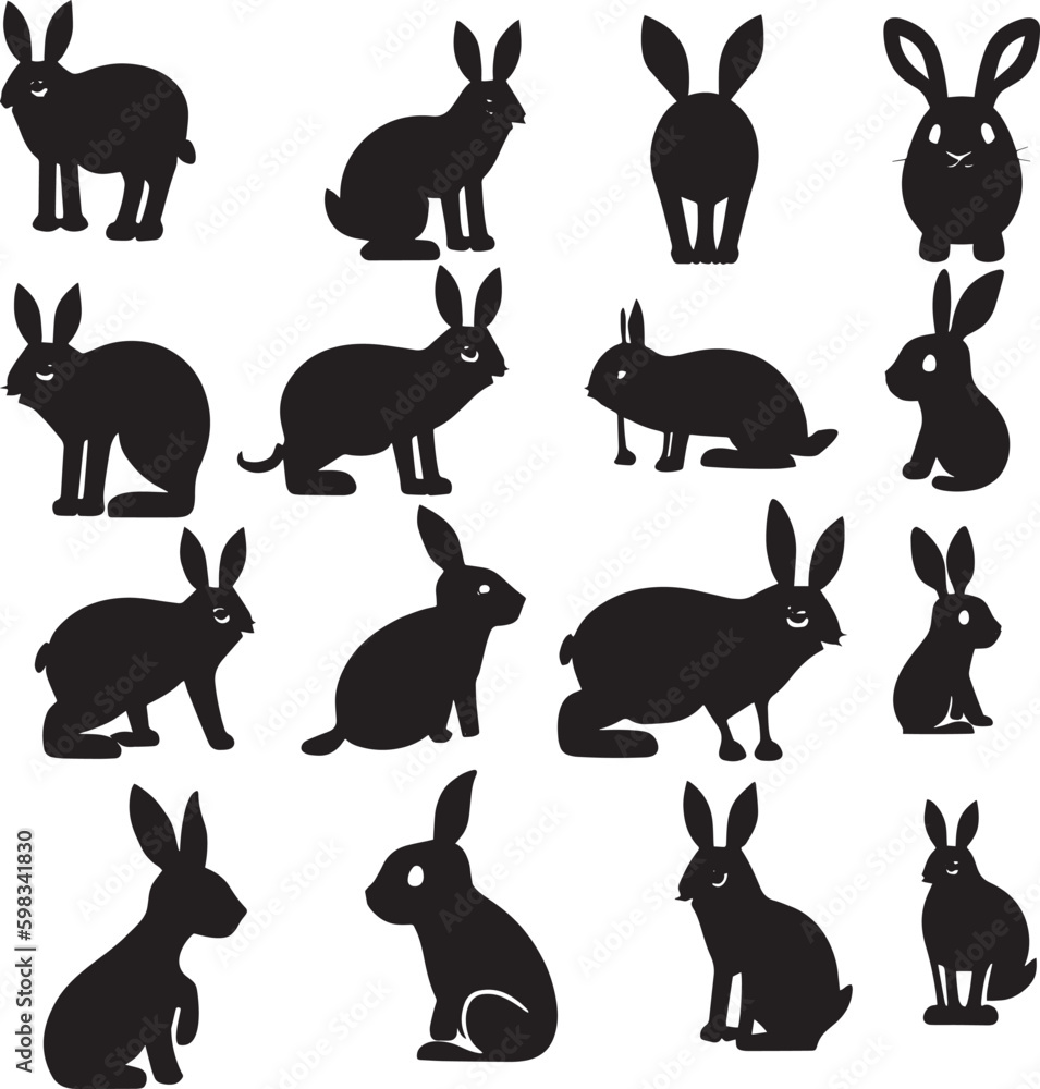 "Vector Set Of Cute Rabbits Silhouette In Different Poses" is a ...