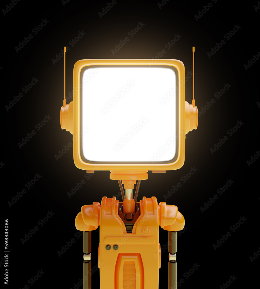 3d bright robot character with head in shape of an old retro TV or ...