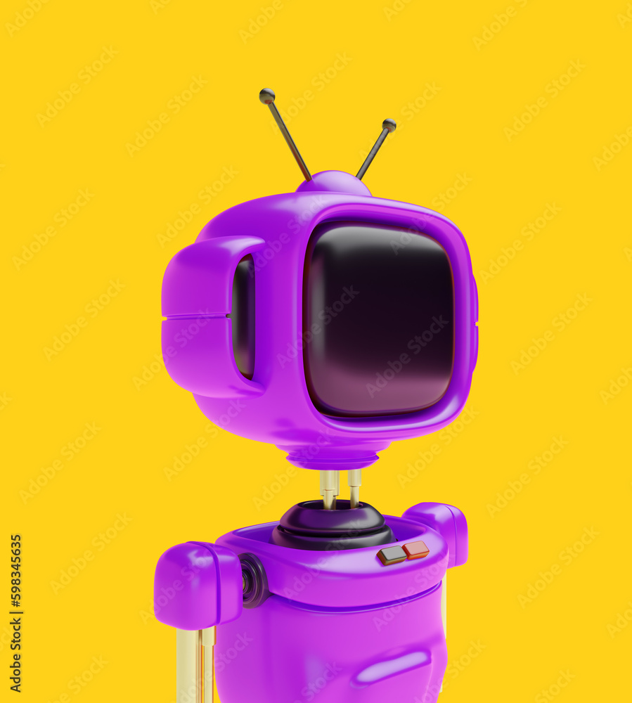 3d bright robot character with head in shape of an old retro TV or ...