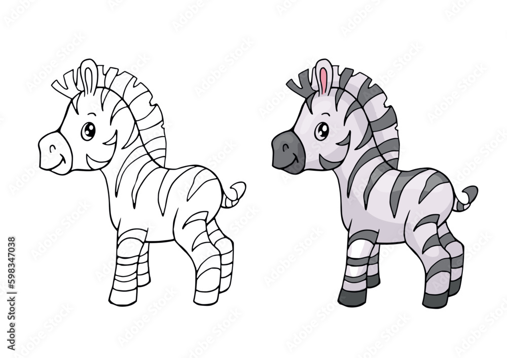 Line and color drawing of the image of a zebra. Children's coloring ...
