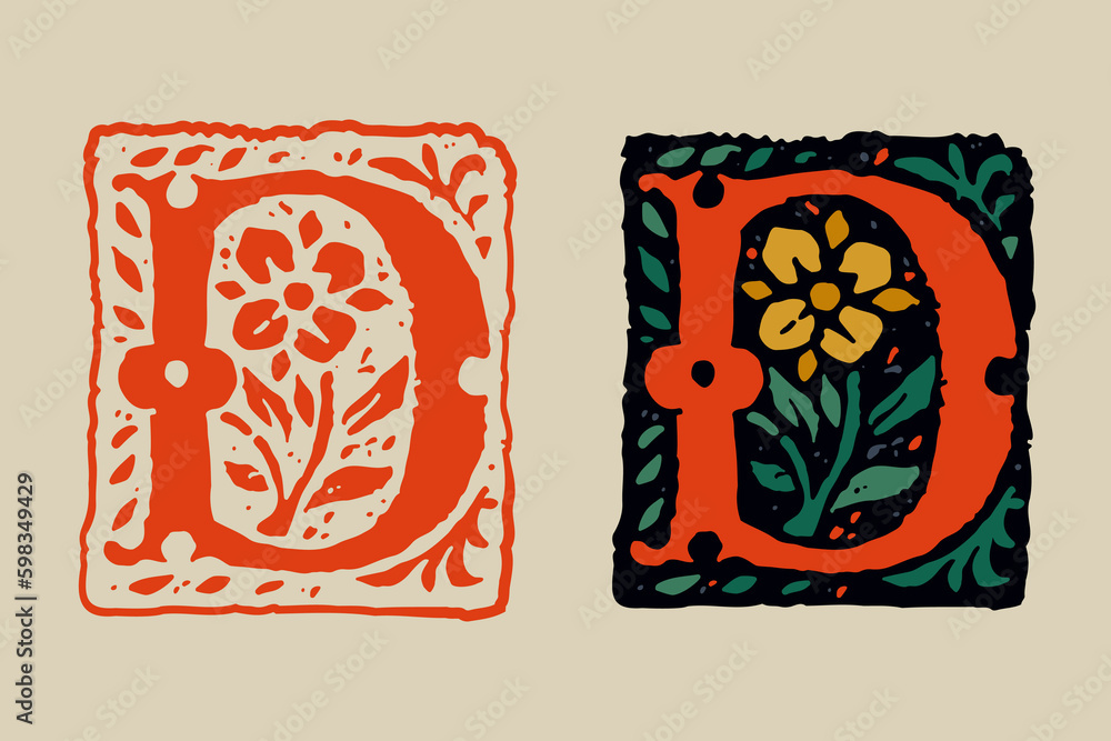 D letter medieval grunge gothic initial. 16th century engraved drop cap ...