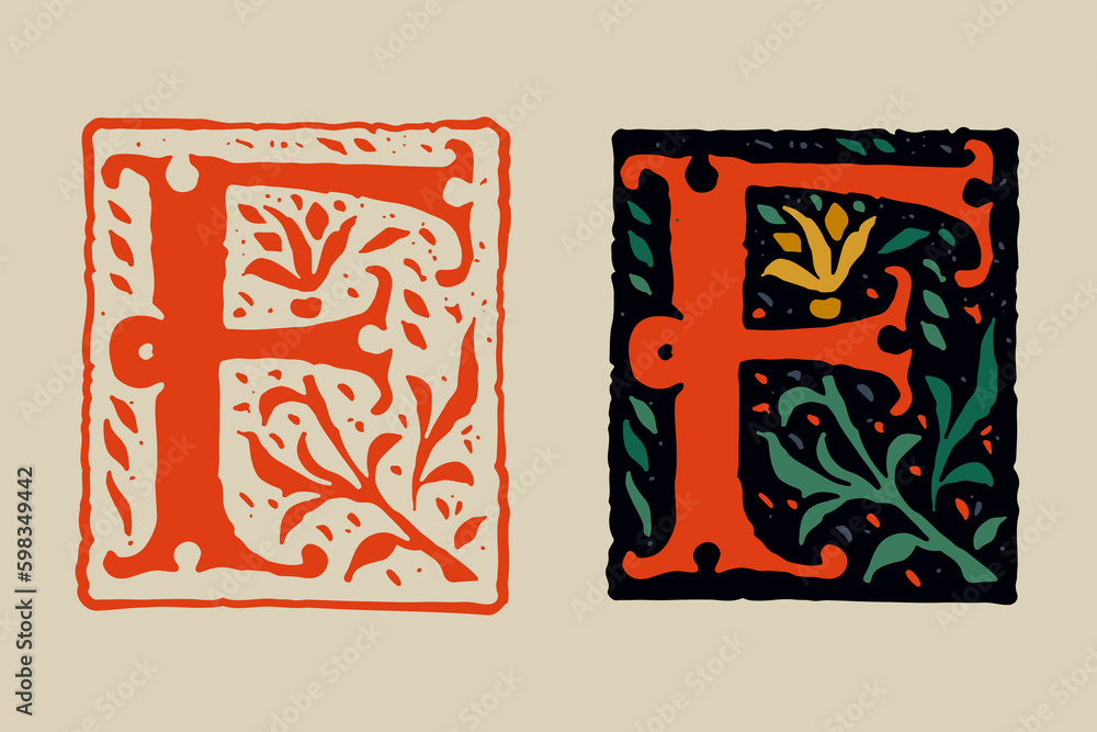 F letter medieval grunge gothic initial. 16th century engraved drop cap ...