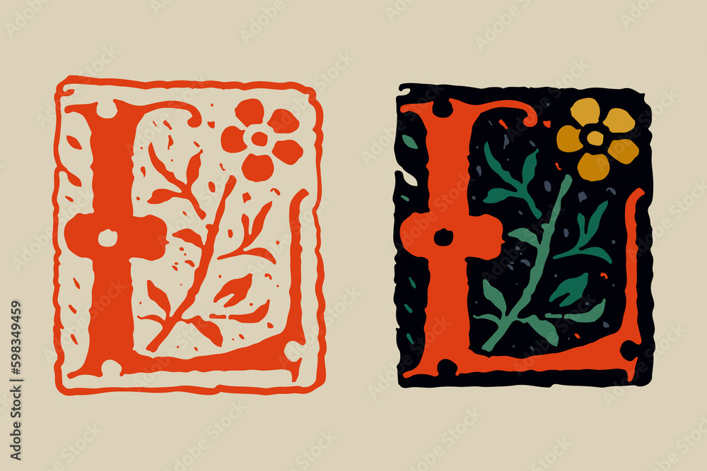 L letter medieval grunge gothic initial. 16th century engraved drop cap ...