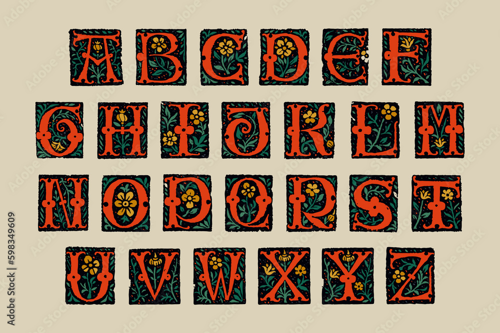 Medieval alphabet. Grunge gothic initials. 16th century engraved drop ...