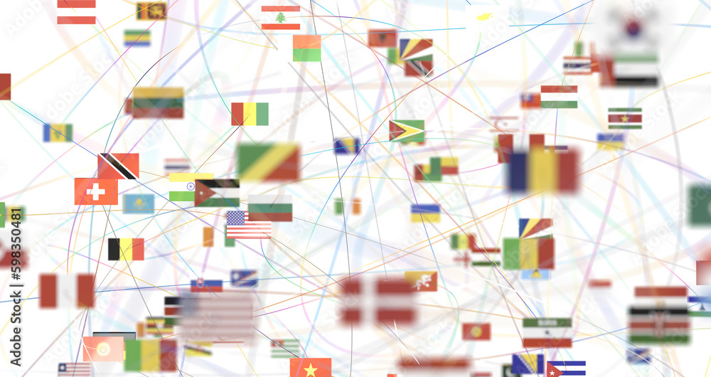 Connection lines Around map with all country flags, Futuristic ...