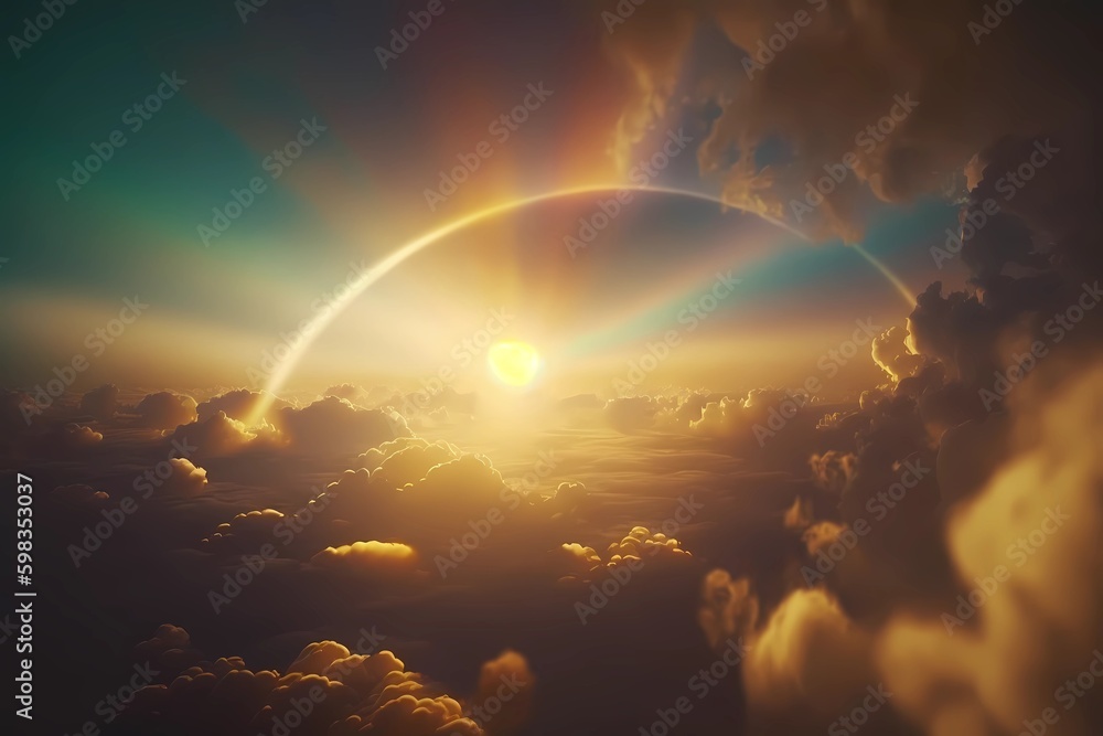 Flight through cloudscape at sunset golden hour with beautiful rainbow ...