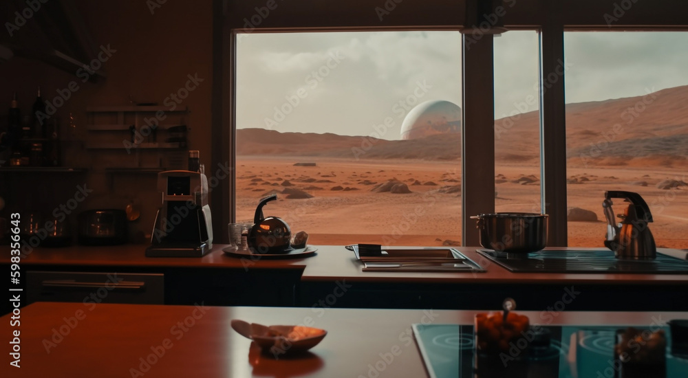 Mars space station interior of residential module, Hotel, kitchen of ...