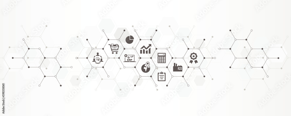 ERP banner vector illustration with the website icons and symbol of ...