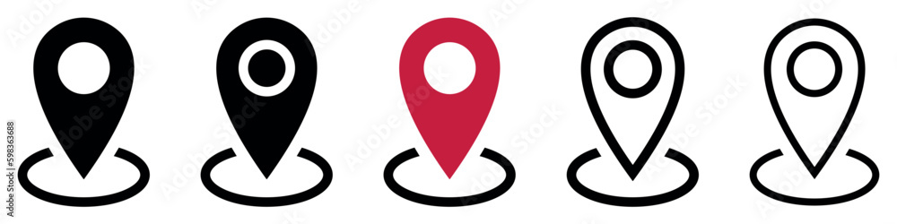 Set of location pin icons. Map marker pointer symbols, gps location. Navigation map, location ...
