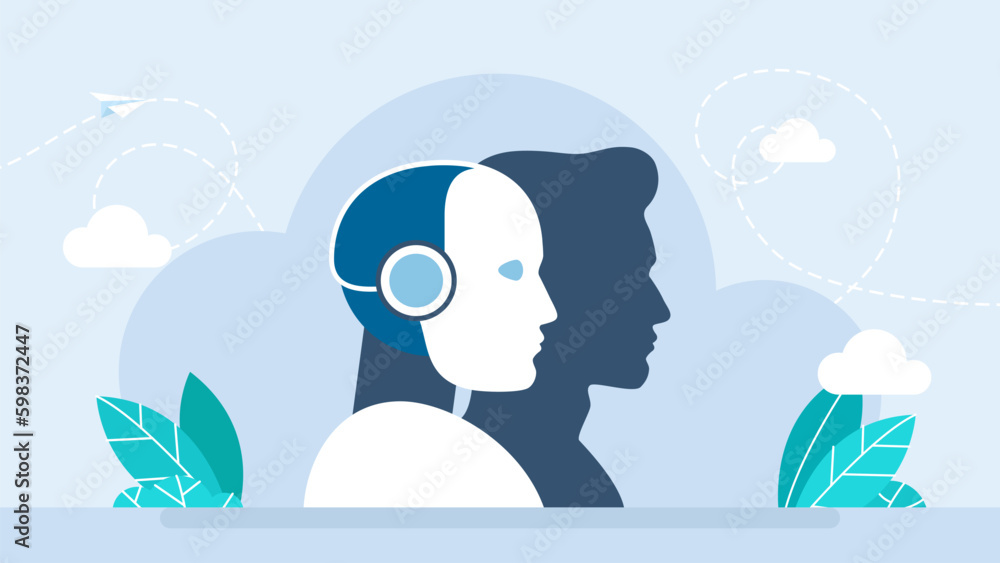 Robot and man. Machine vs human. Human brain mind head with artificial ...